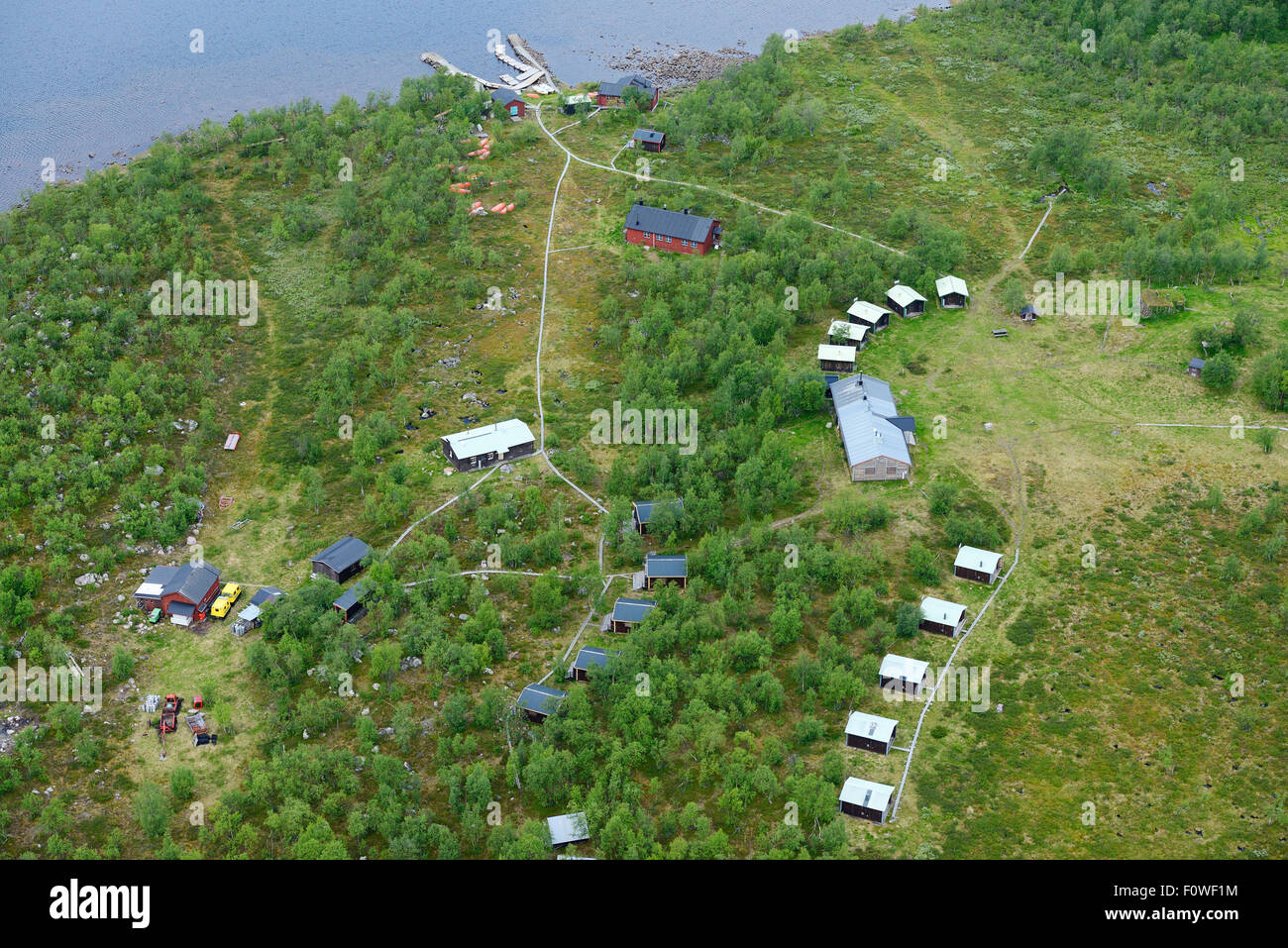 Aerial view of Tjuonajokk fishing camp, Kaitum river, Stora Sjofallet ...