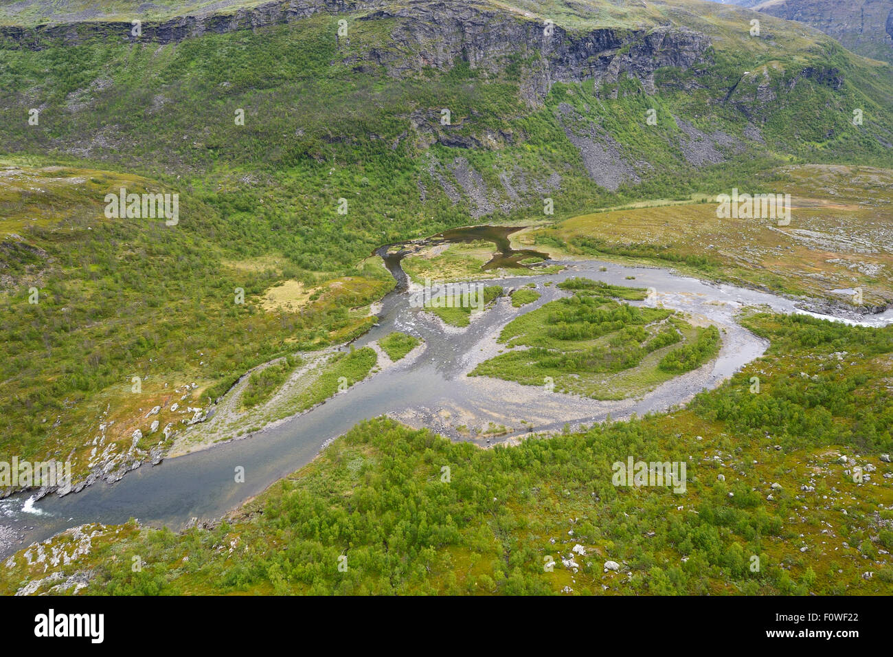 Aerial view of the Vietasatno River, Stora Sjofallet National Park ...