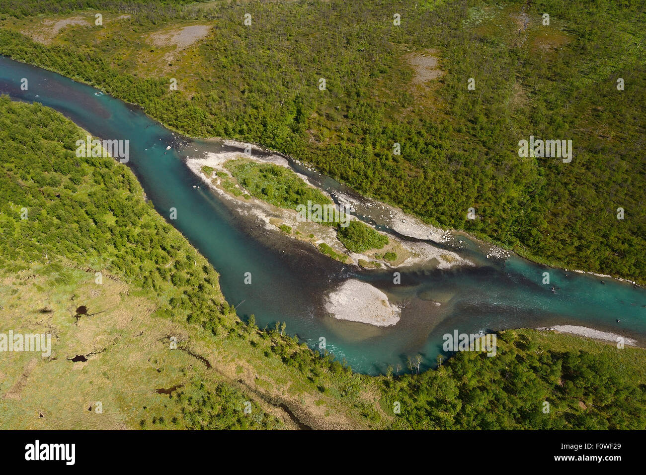 Aerial view of the Vietasatno river near its source, Stora Sjofallet ...