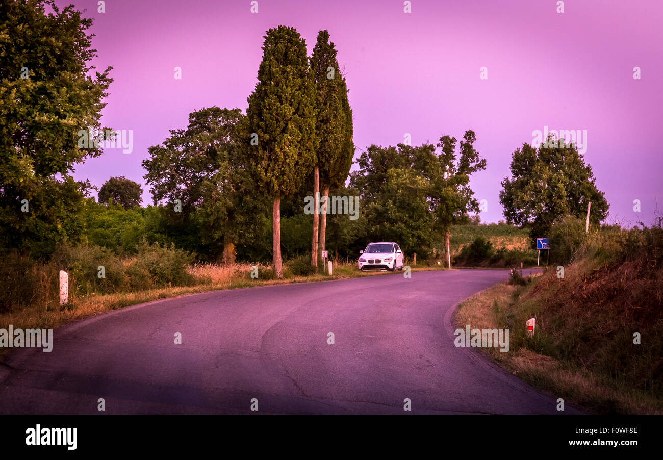 Purple landscape, countryside road and cypress trees in Tuscany Stock ...