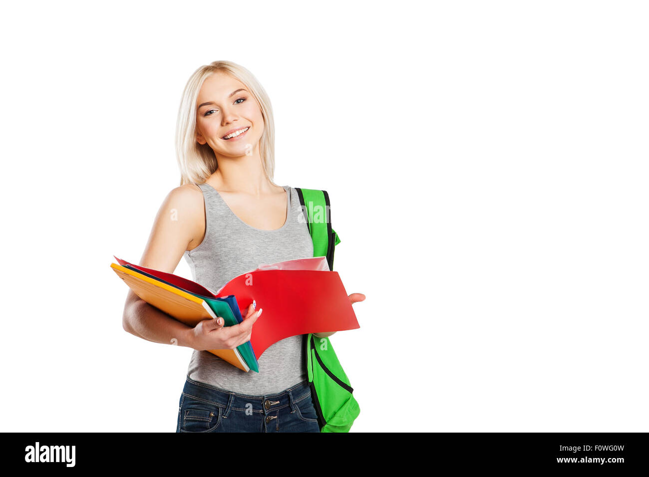 Portrait of a girl student with books. Isolated over white background ...