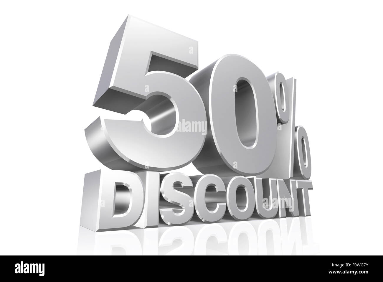 3D render silver text 50 percent discount on white background with ...