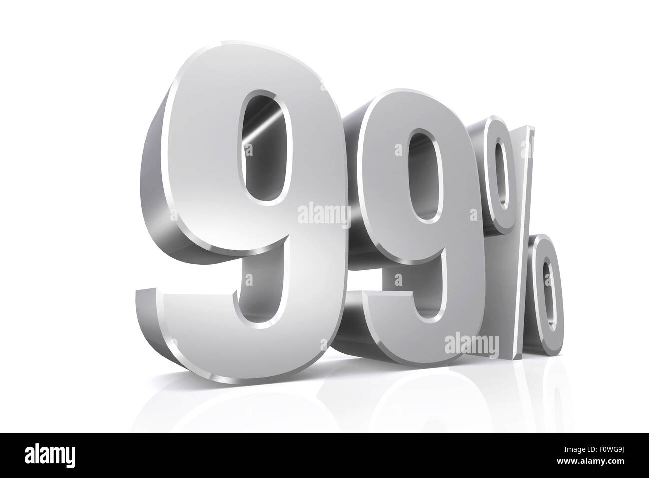 3D render text in 99 percent in silver on white background with ...
