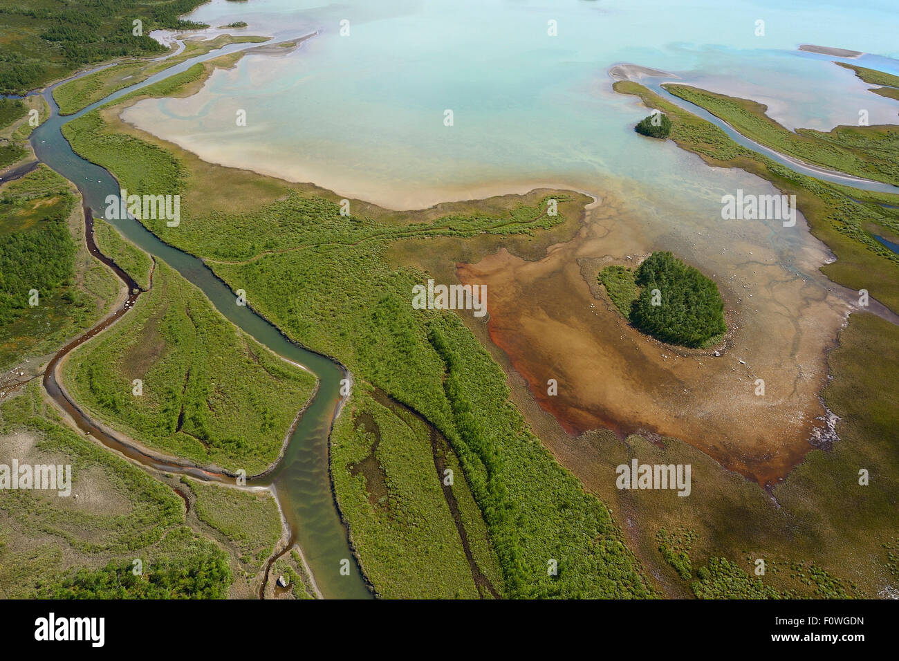 Aerial view of the Rapa river delta flowing into Lake Laitaure, Sarek ...