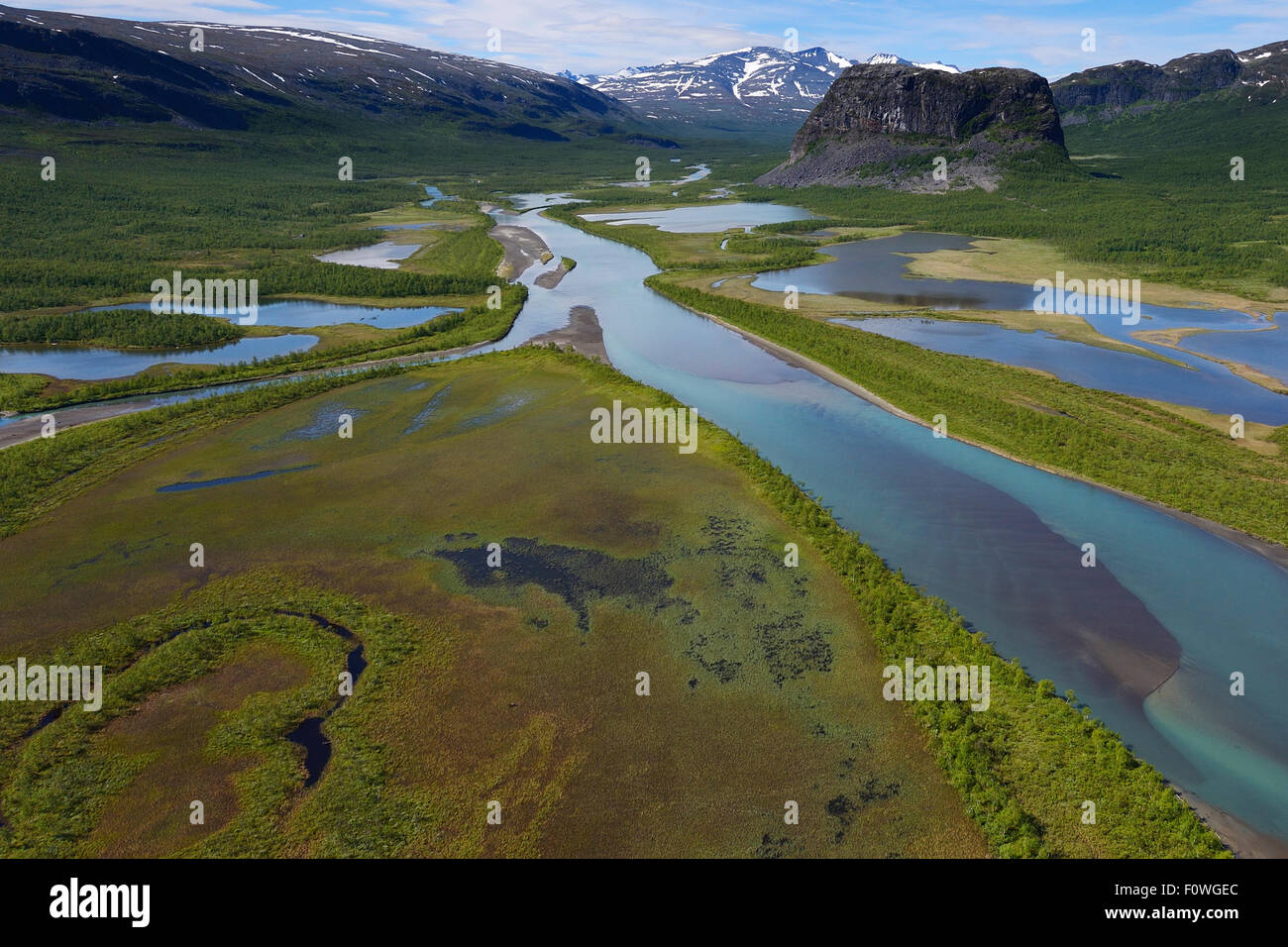 Aerial view of the Rapa river delta with distant mountains, Sarek ...