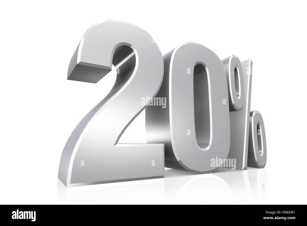 3D render text in 20 percent in silver on white background with ...