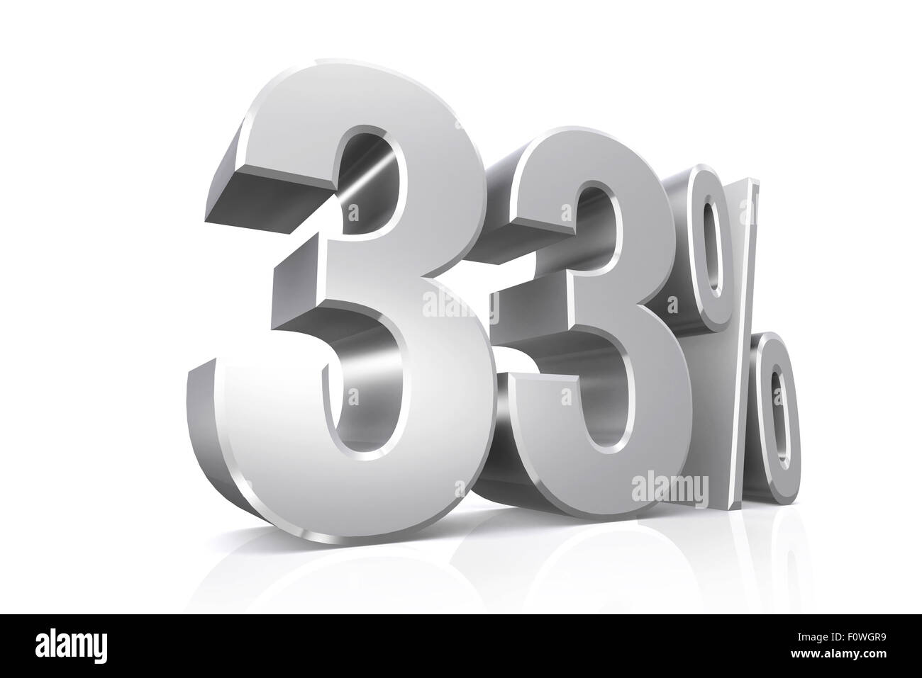 3D render text in 33 percent in silver on white background with ...