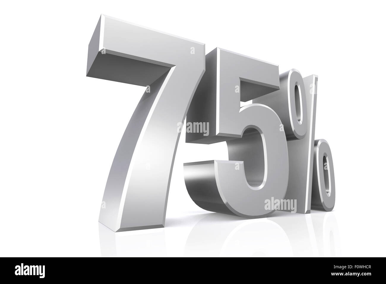 3D render text in 75 percent in silver on white background with ...