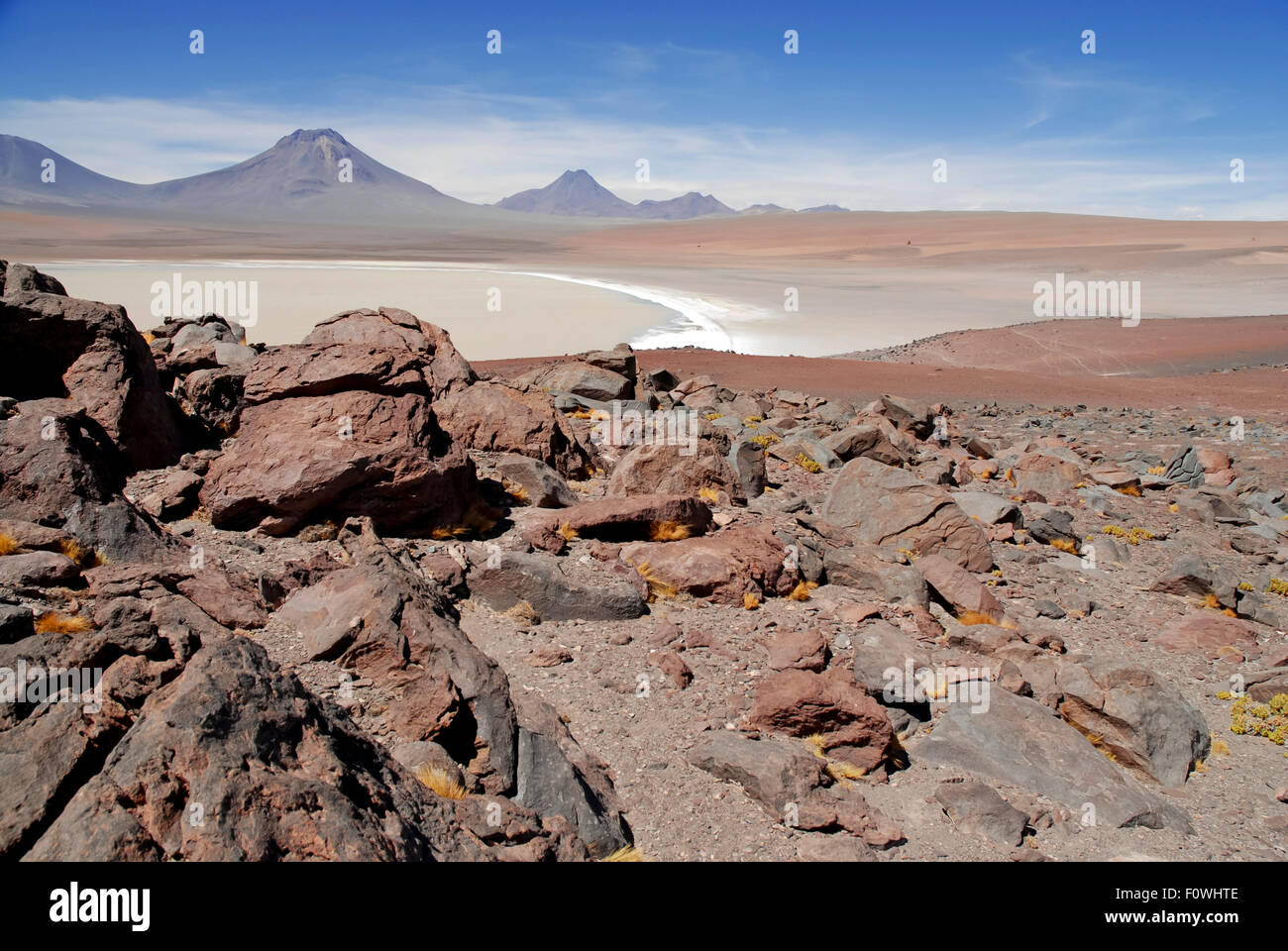 Volcanic landscape and high altitude desert in the Bolivian Altiplano ...