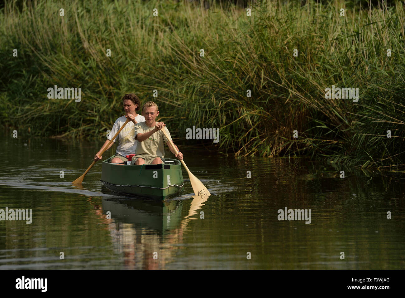 Tourists canoeing on the Peene river, Anklam, Germany, August 2014 ...