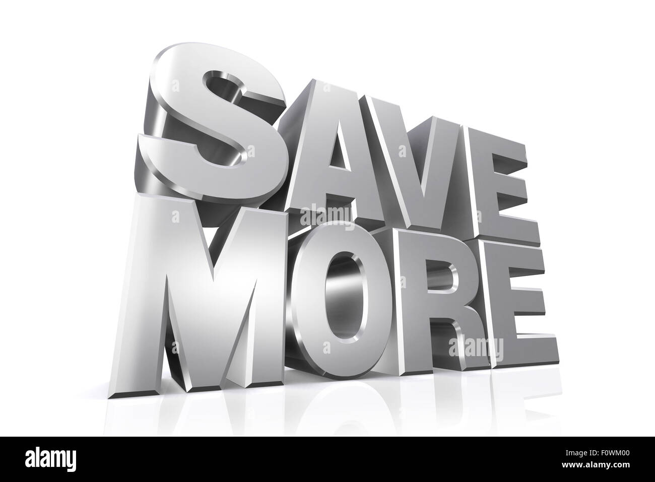 3D silver text save more on white background with reflection Stock ...