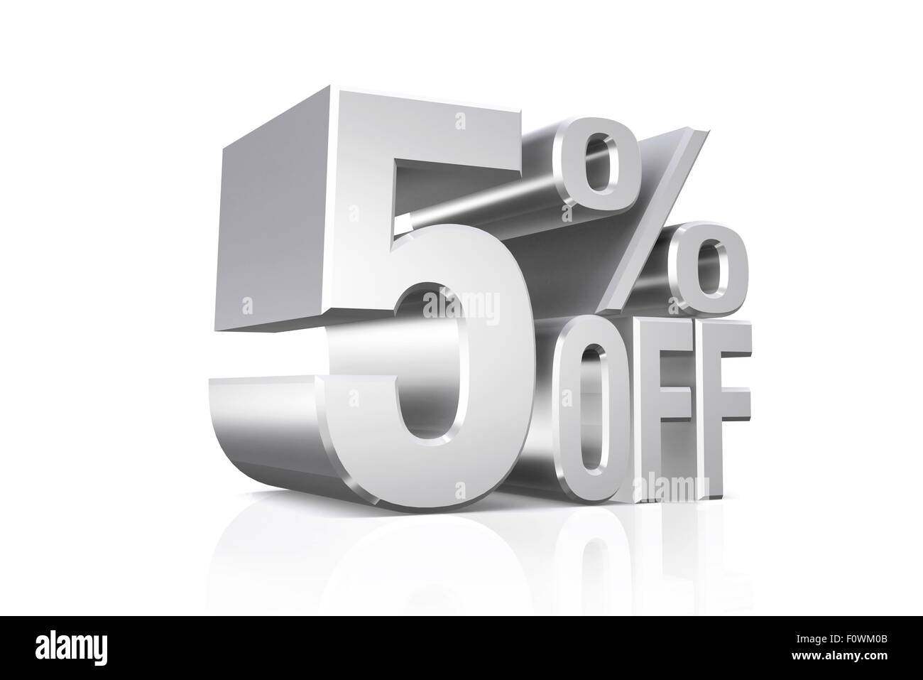 3D render silver text 5 percent off on white background with reflection ...