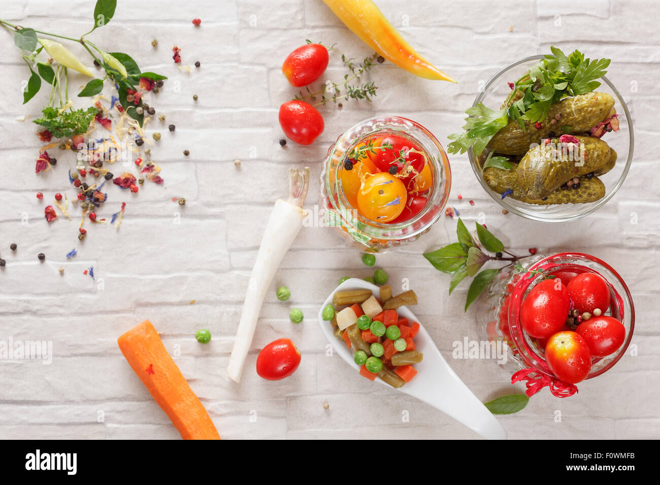 Pickled Vegetables. Vegetable being prepared for preserving, top view ...