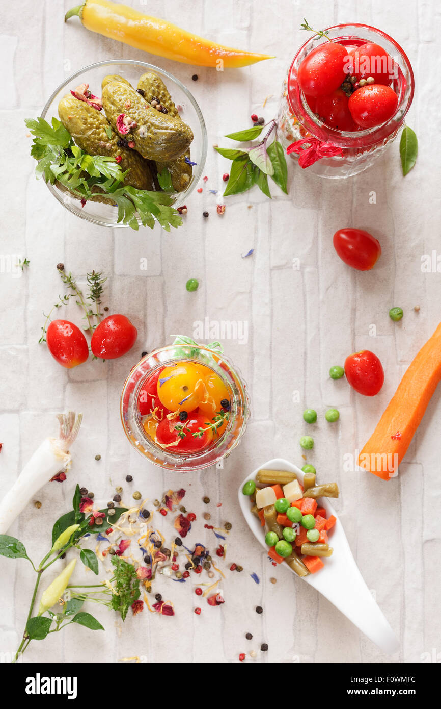 Pickled Vegetables. Vegetable being prepared for preserving, top view ...