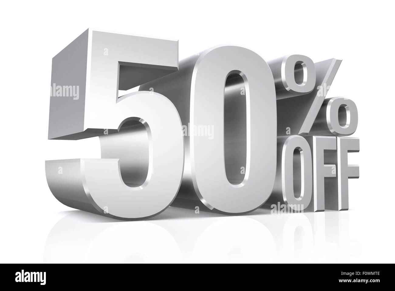 3D render silver text 50 percent off on white background with ...