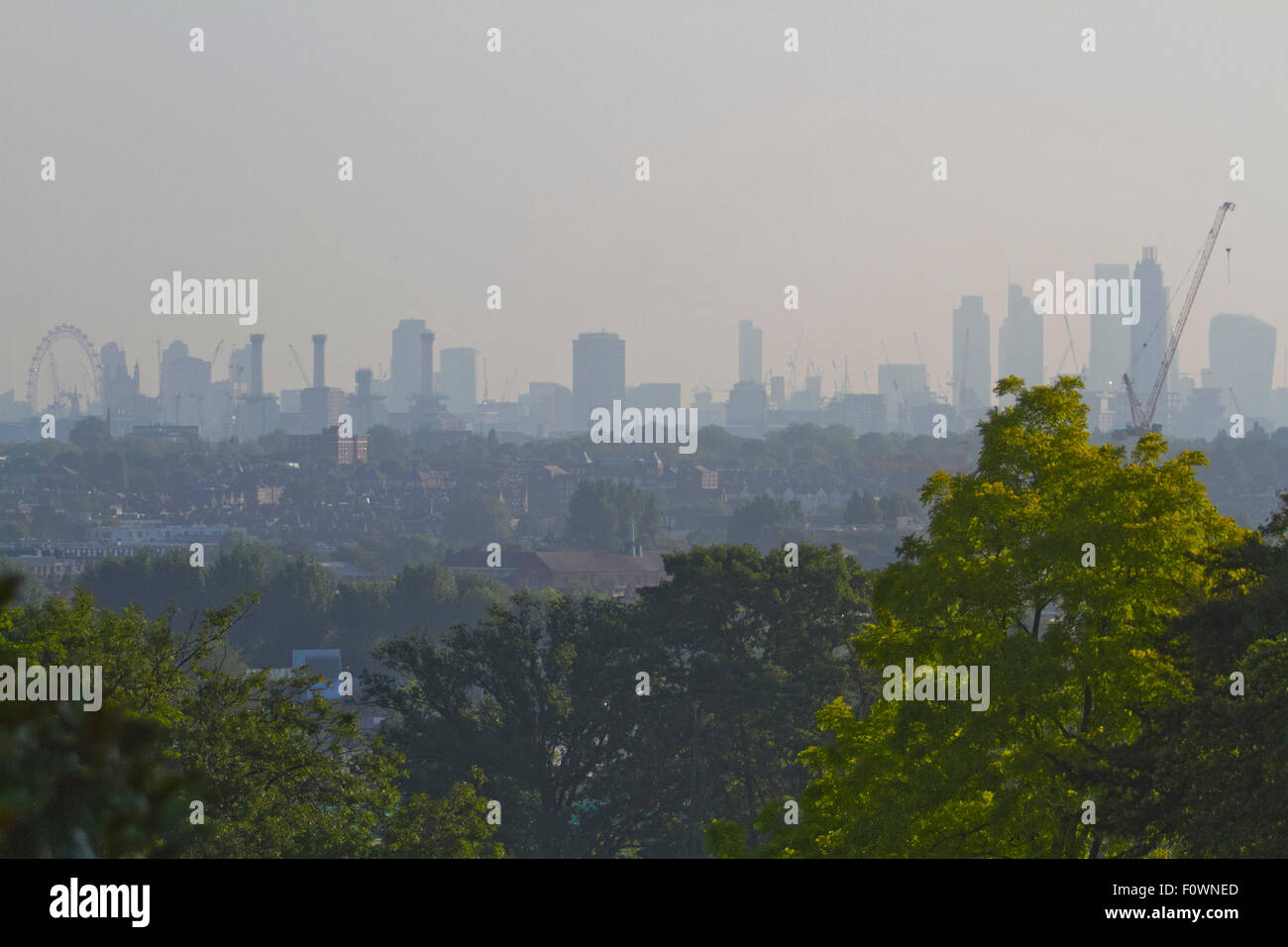 Wimbledon London,UK. 22nd August 2015. London Skyline bathed in morning ...