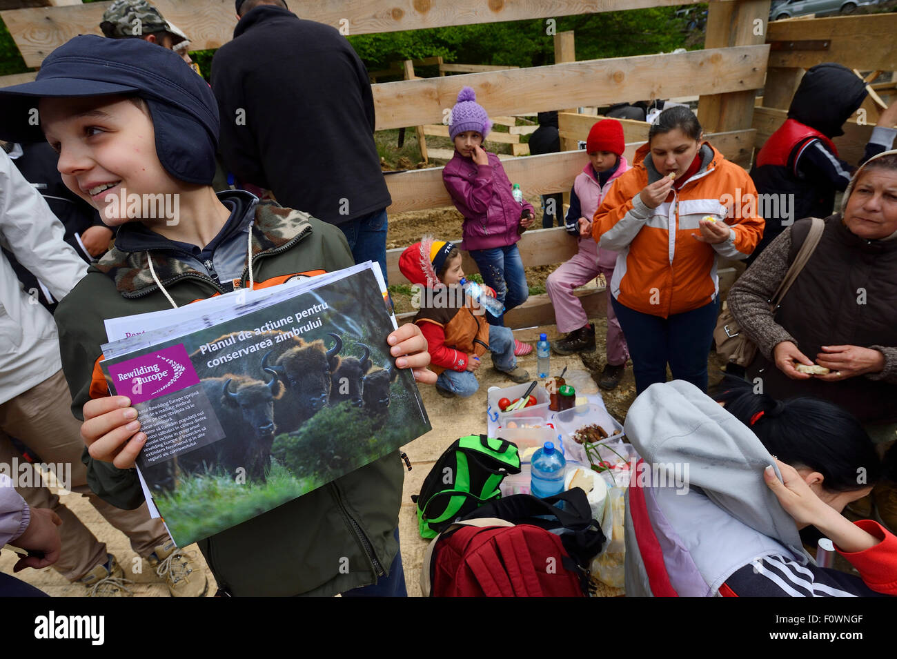 Local villagers attending the release of European bison / Wisent (Bison ...