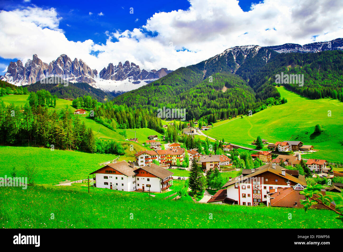 Val di Funes countryside in Dolomites mountains, North of Italy Stock ...