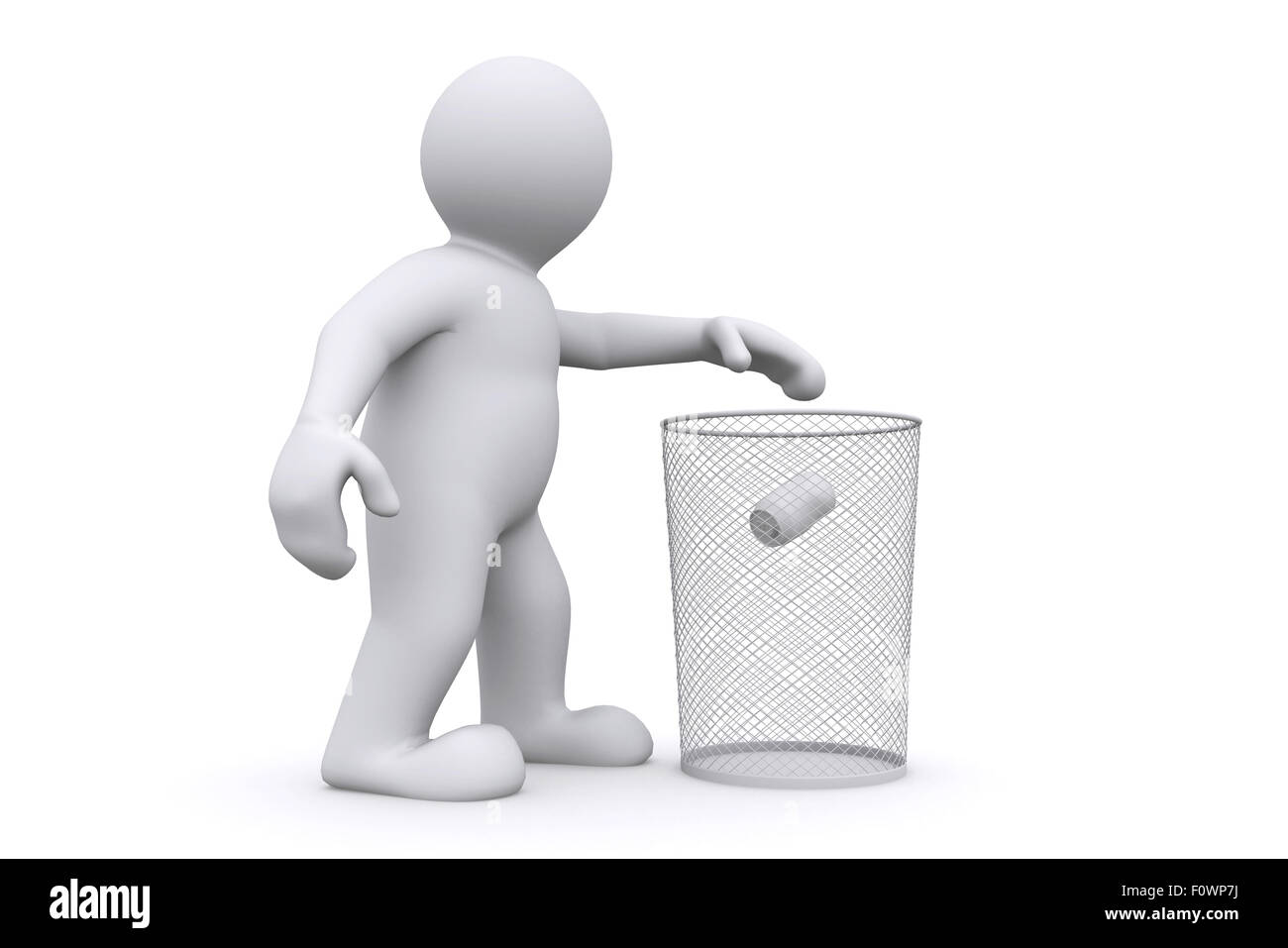 3d white man throwing can in garbage, isolate on white with clipping ...