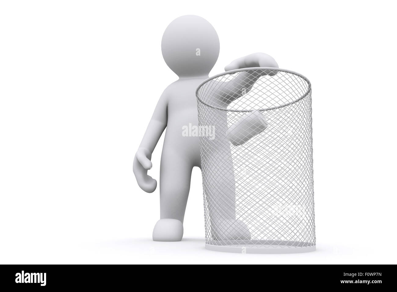 3d white man throwing can in garbage, isolate on white with clipping ...