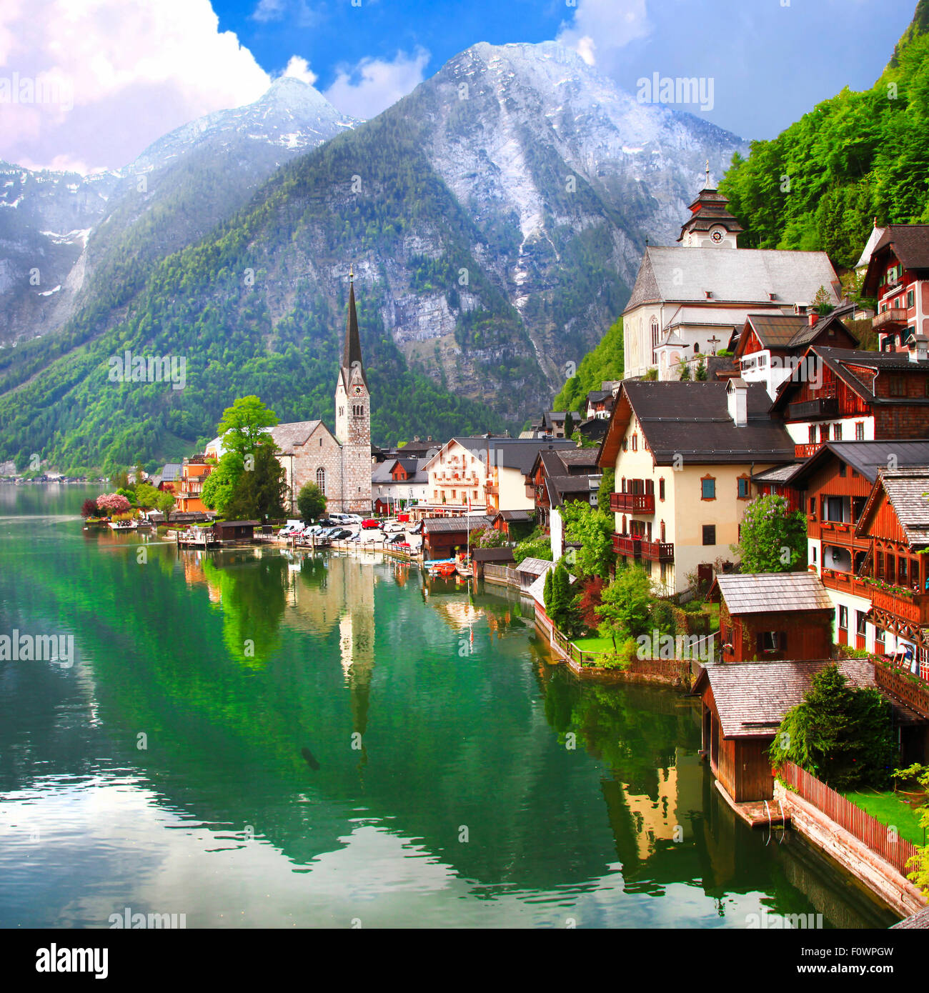 scenic village Hallstatt in Austria with beautiful lake Stock Photo - Alamy