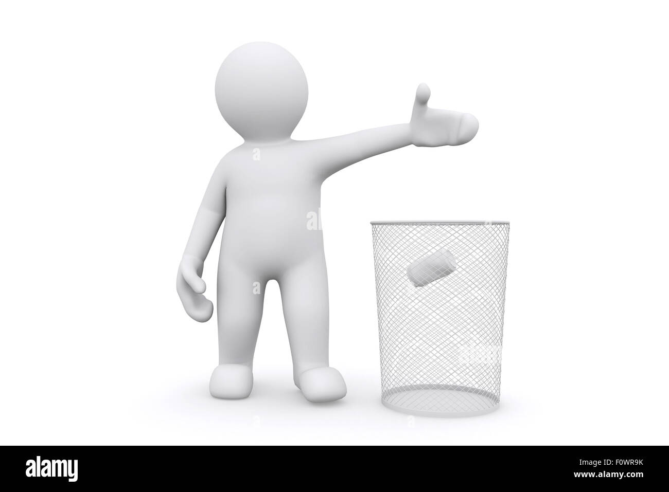 3d white man throwing can in garbage, isolate on white with clipping ...