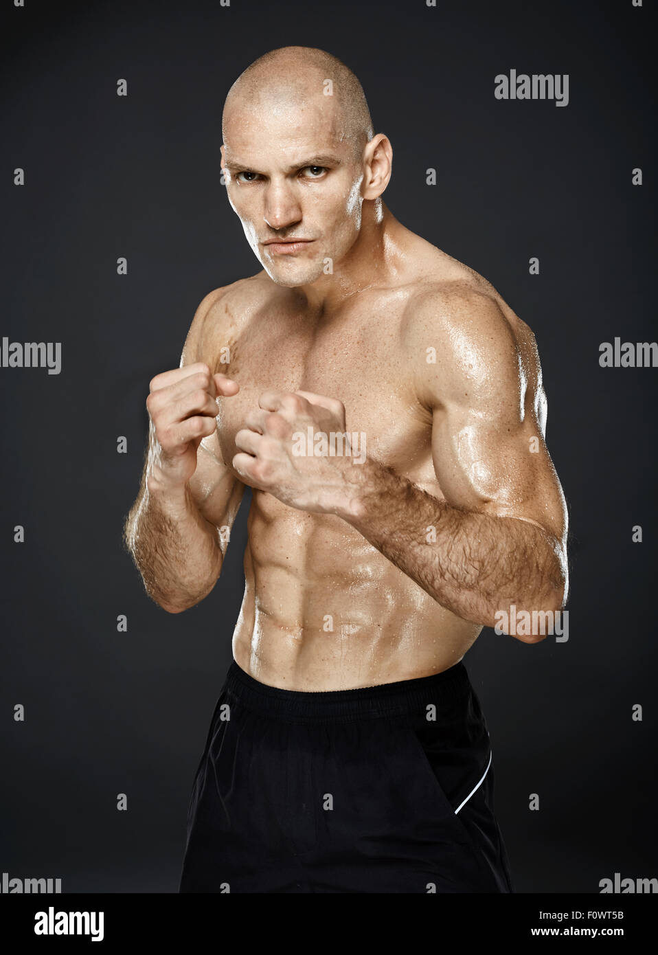 Kickbox fighter posing shirtless and with bare knuckles in guard stance ...