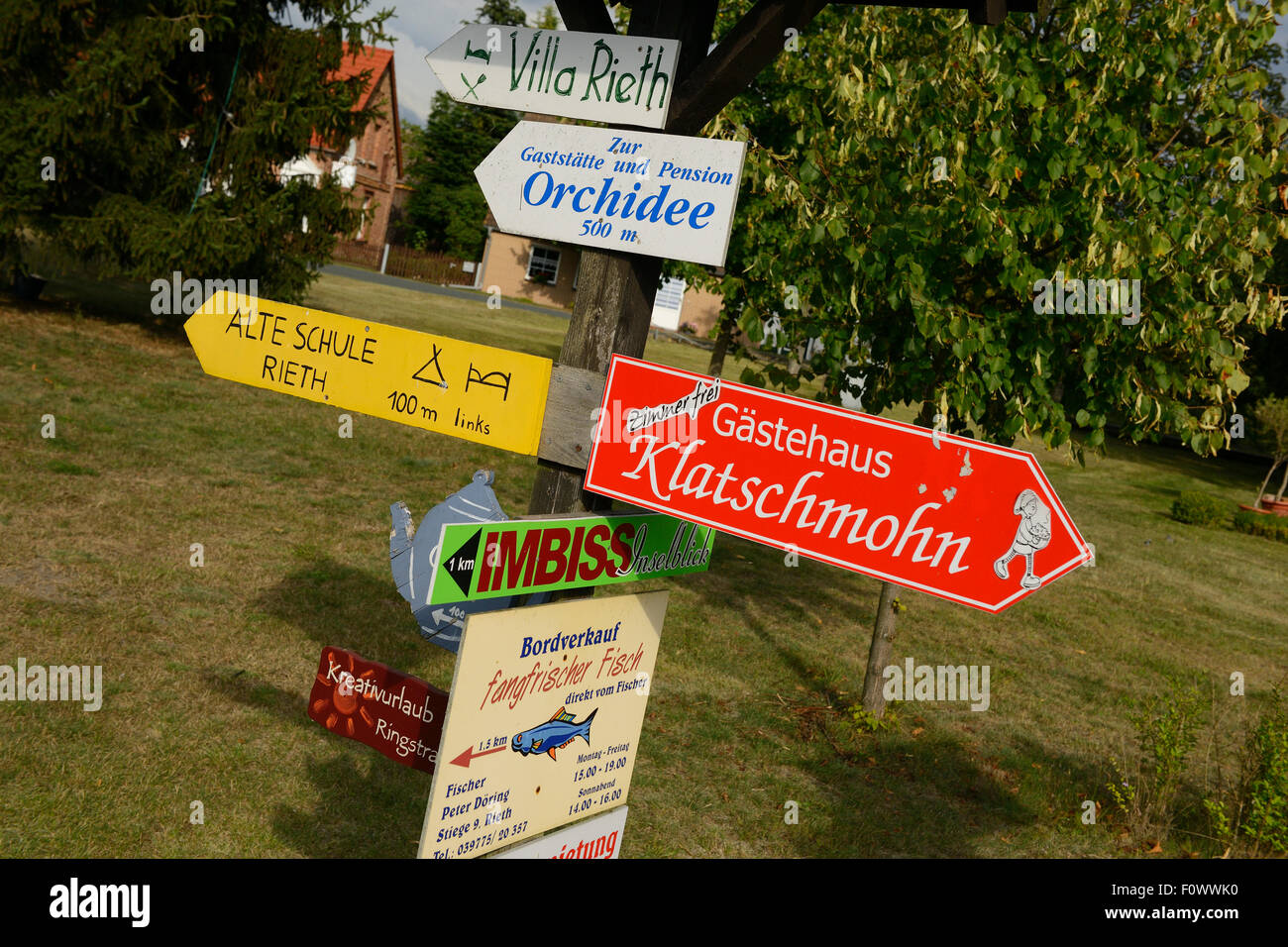 Local business signs in Rieth village, Stettiner Haff, Oder delta ...