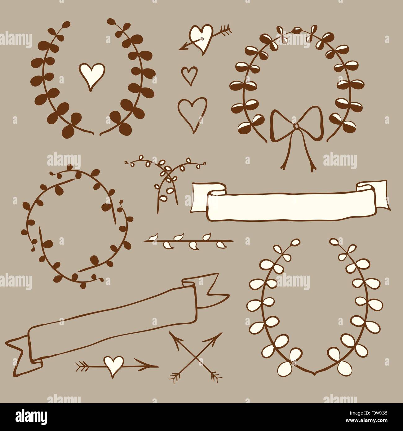 Sketch wreath, heart, arrow, bow in vintage style, vector Stock Vector ...