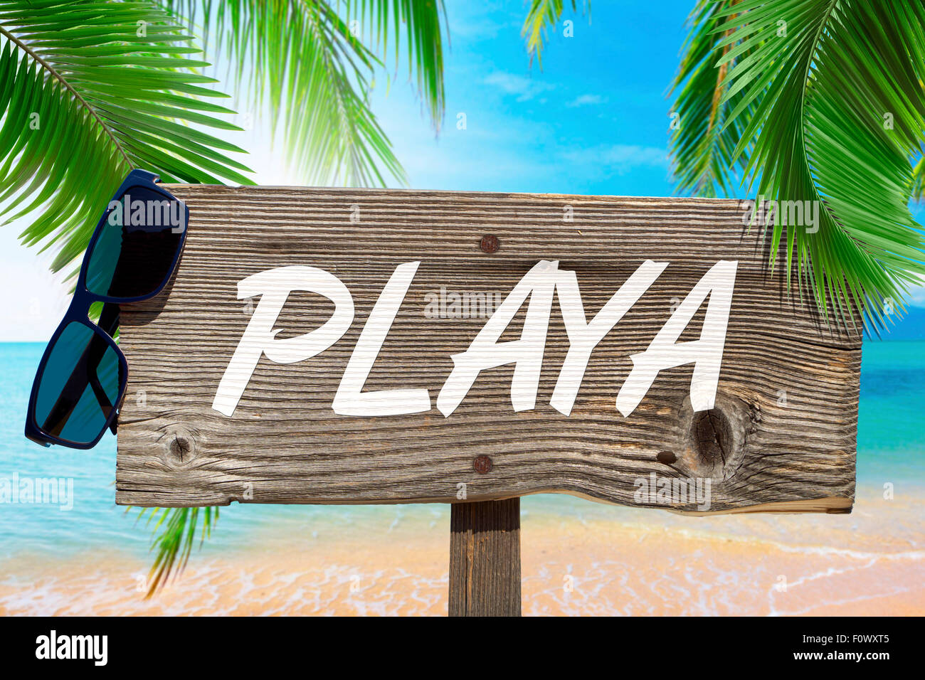 Wooden signboard with text message PLAYA and a sunglasses under palm ...