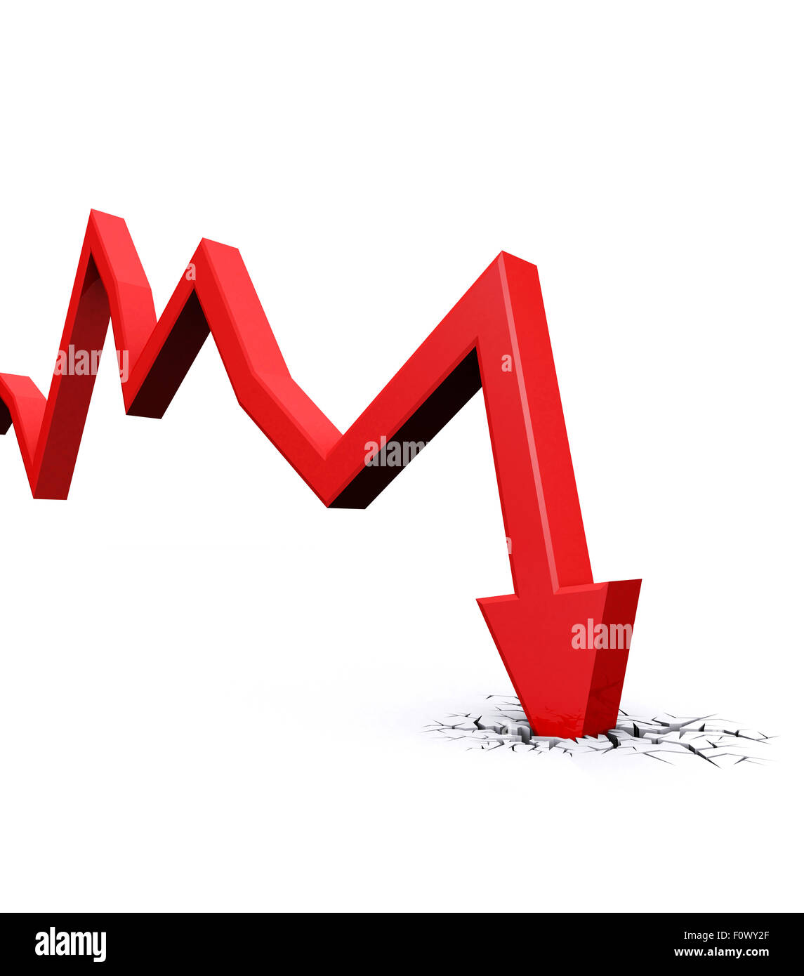 Economic Crisis. 3d red arrow graph falling and breaking in crack hole ...