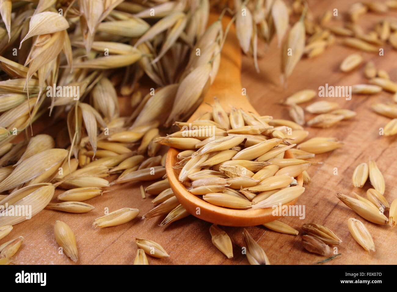 Heap of organic oat grains on wooden spoon and ears of oat lying on ...