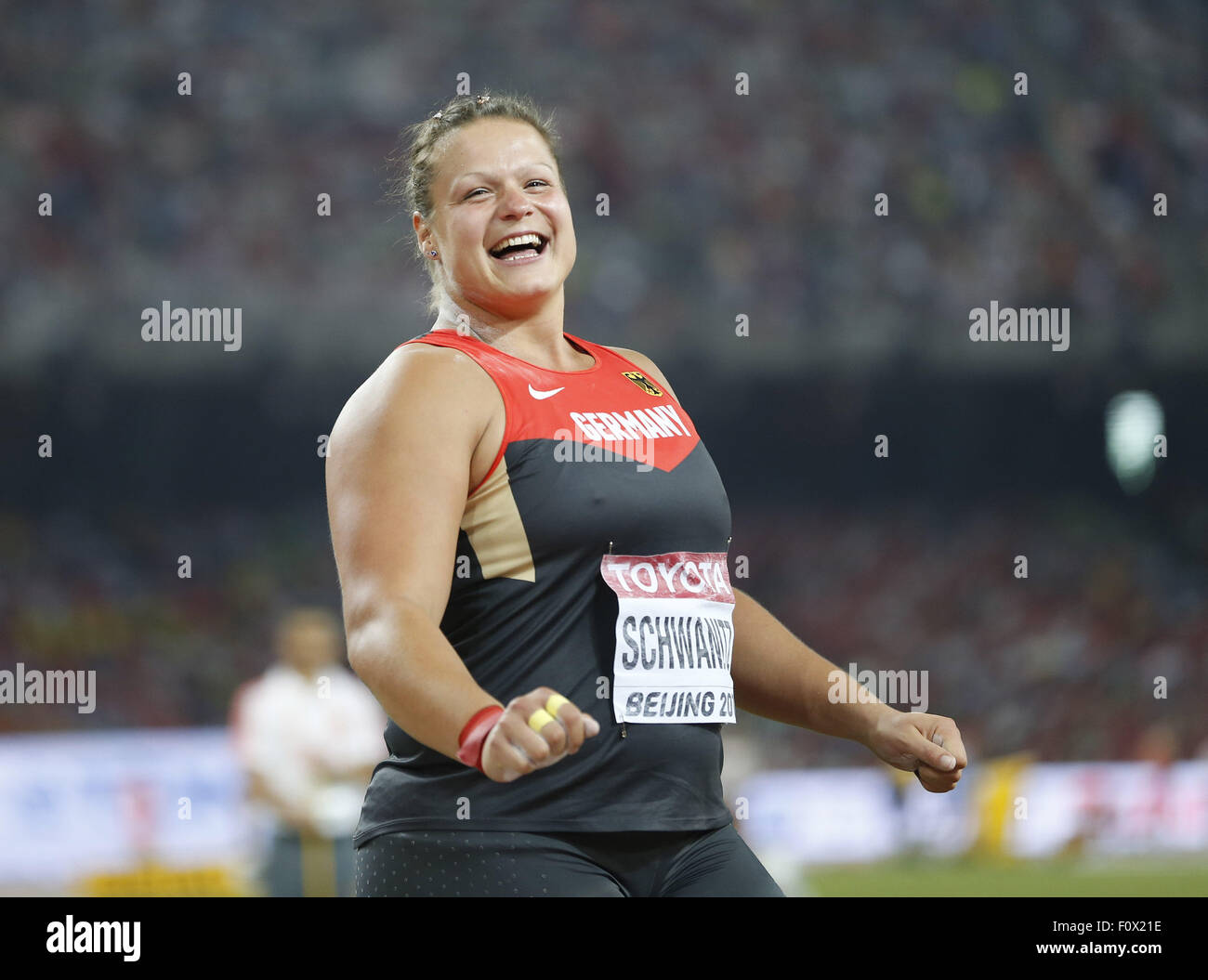 Beijing, China. 22nd August, 2015. Germany's Christina Schwanitz reacts ...