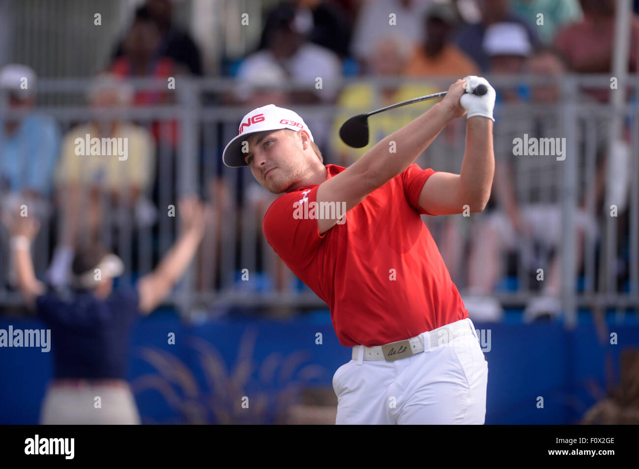 Greensboro, NC, USA. 22nd Aug, 2015. Austin Cook tees off on hole 1 ...