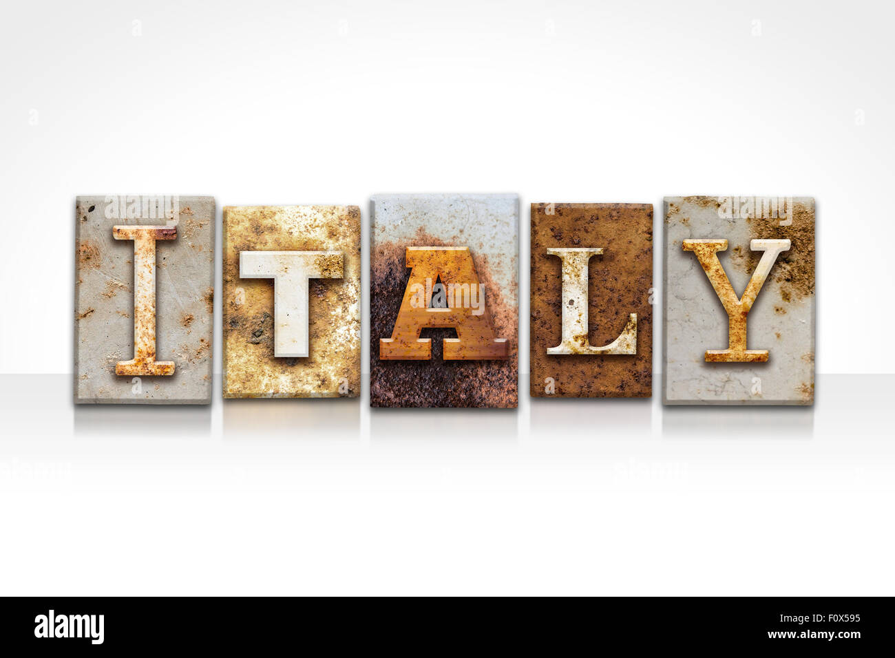 The word "ITALY" written in rusty metal letterpress type isolated on a ...