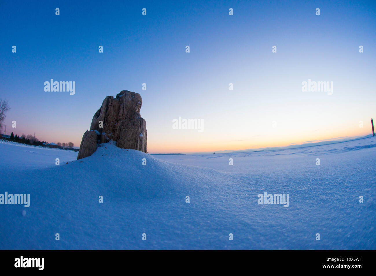 A piece of wood sticks out of snow. This was part of a dock foundation ...