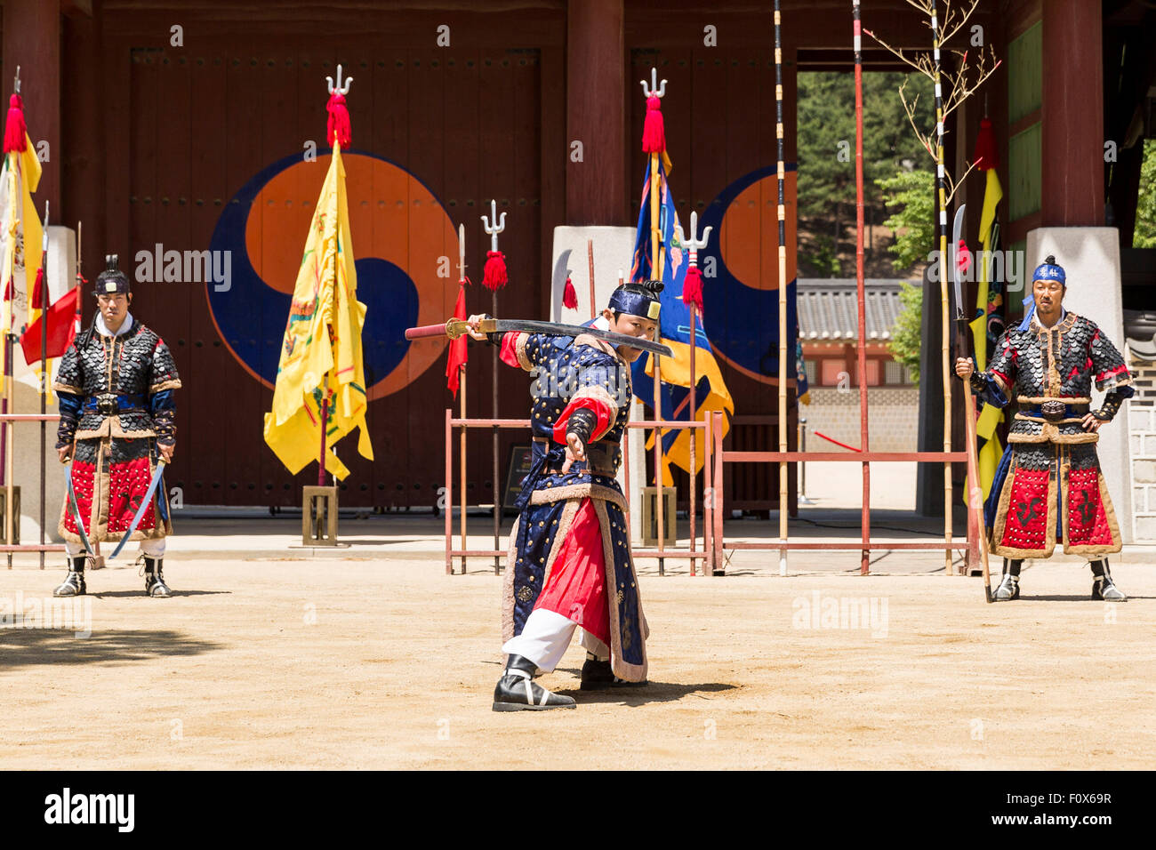 Actors playing the 24 martial arts trial performance in Sinpungnu ...