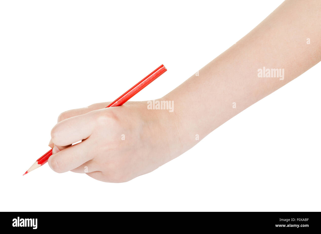 hand paints by red pencil isolated on white background Stock Photo - Alamy
