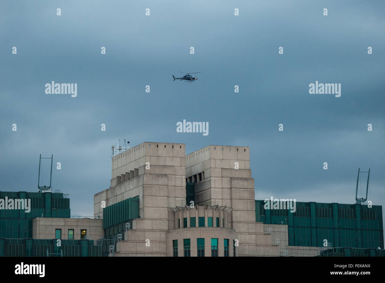 A military style boat in front of the MI6 building during filming of ...