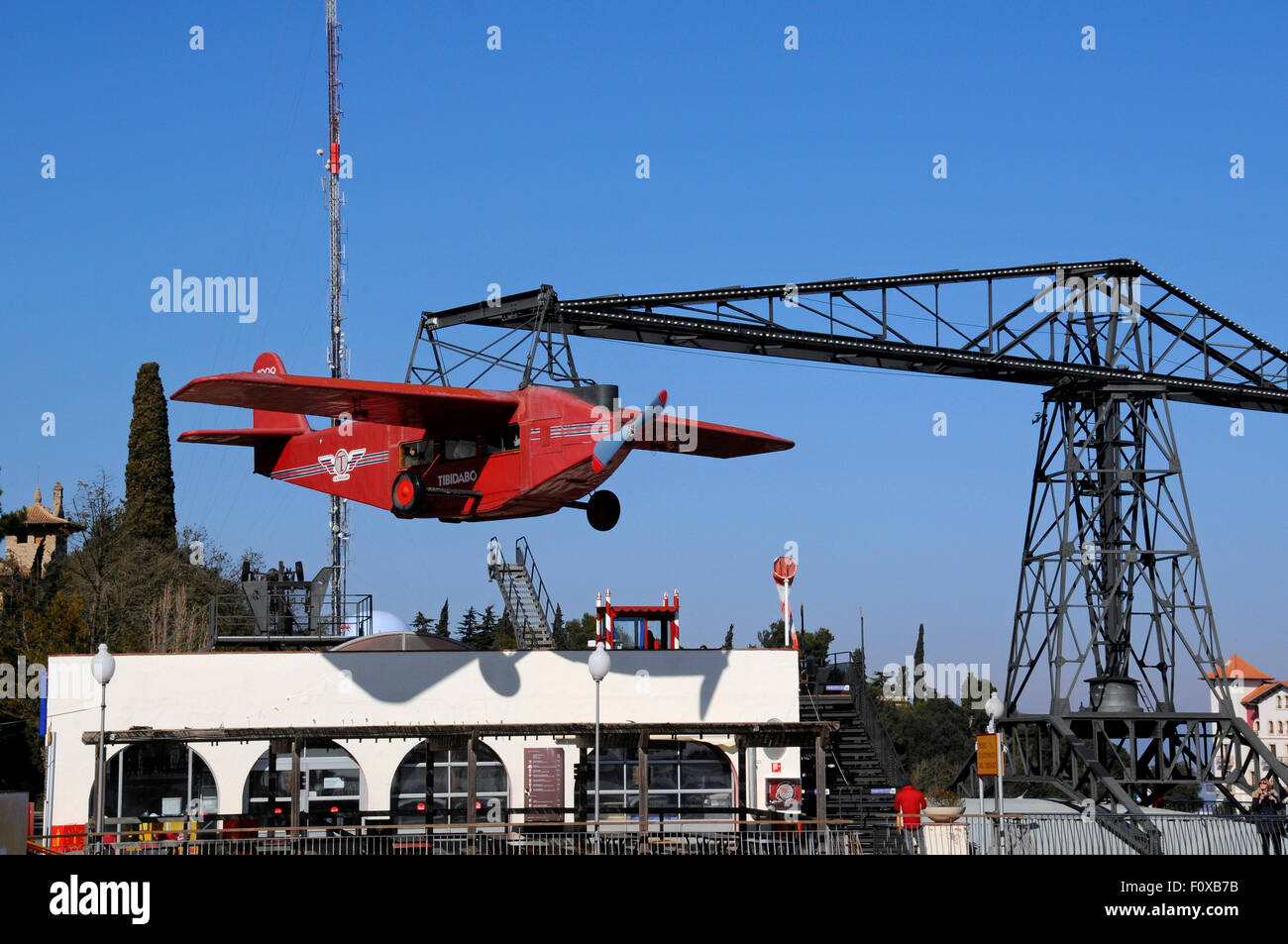 Red airplane of Tibidabo at vintage funfair on Tibidabo mountain in ...