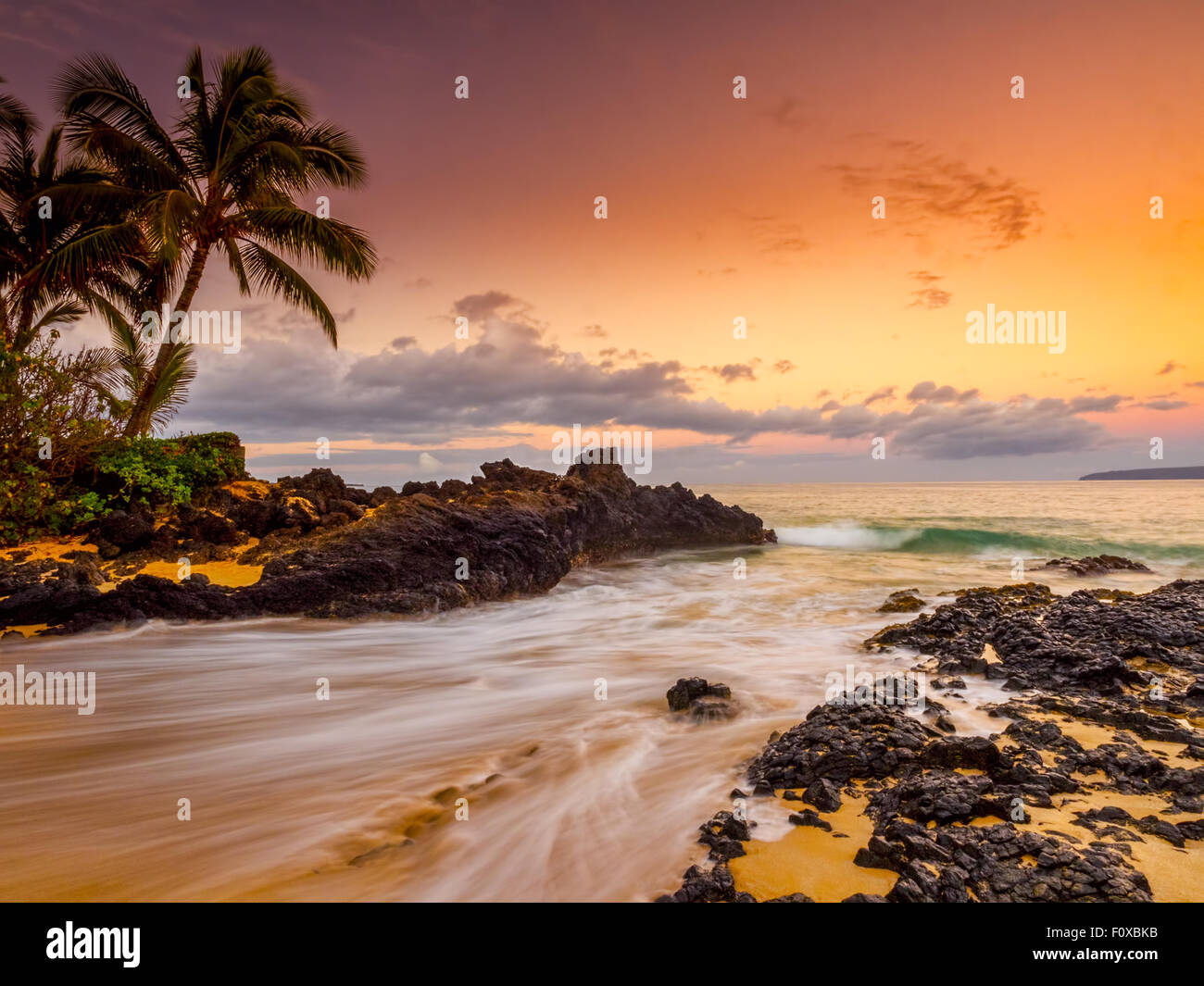 Beautiful secluded beach in Maui Hawaii at sunrise with palm tree lined ...