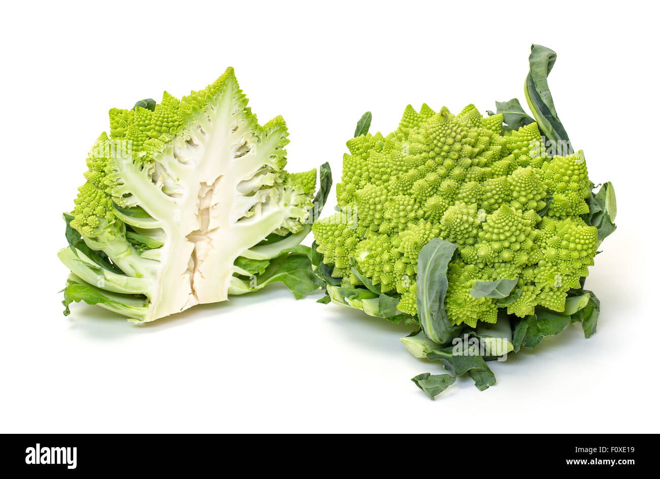 Two Green Fresh Romanesque Cauliflower, on white background Stock Photo ...