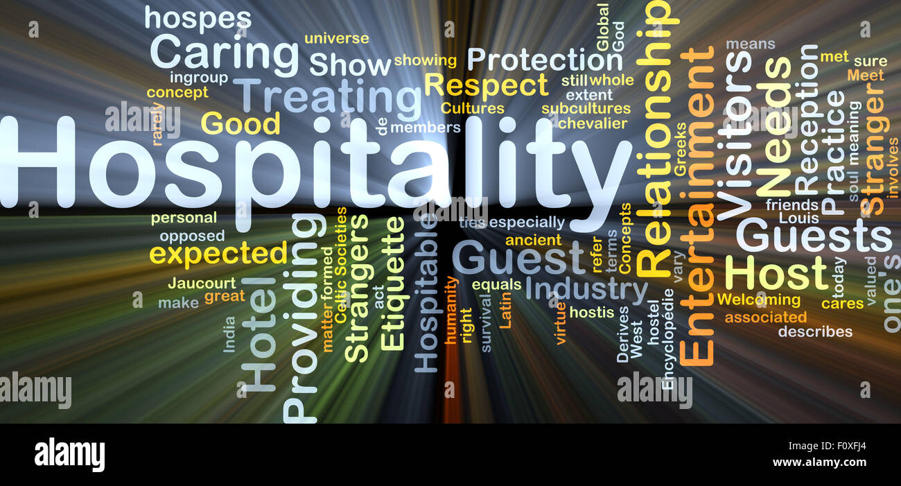 Background concept wordcloud illustration of hospitality glowing light ...