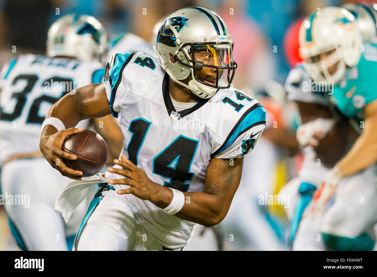 Charlotte, NC, USA. 22nd Aug, 2015. #14 Carolina QB Joe Webb during the ...