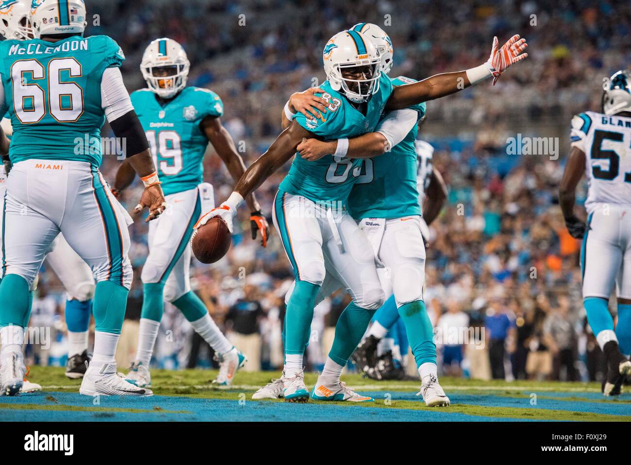 Charlotte, NC, USA. 22nd Aug, 2015. #83 Miami WR Matt Hazel celebrates ...