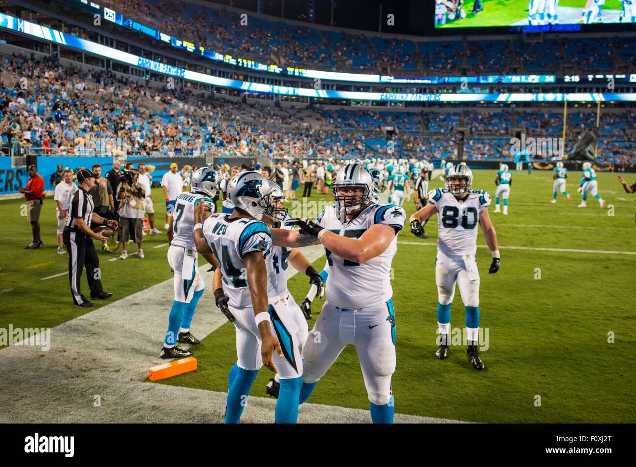 Charlotte, NC, USA. 22nd Aug, 2015. #14 Carolina QB Joe Webb celebrates ...