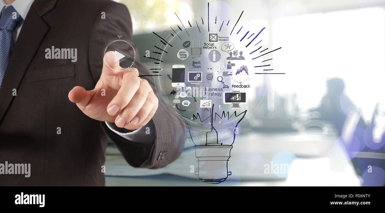 hand drawing creative business strategy with light bulb as concept ...