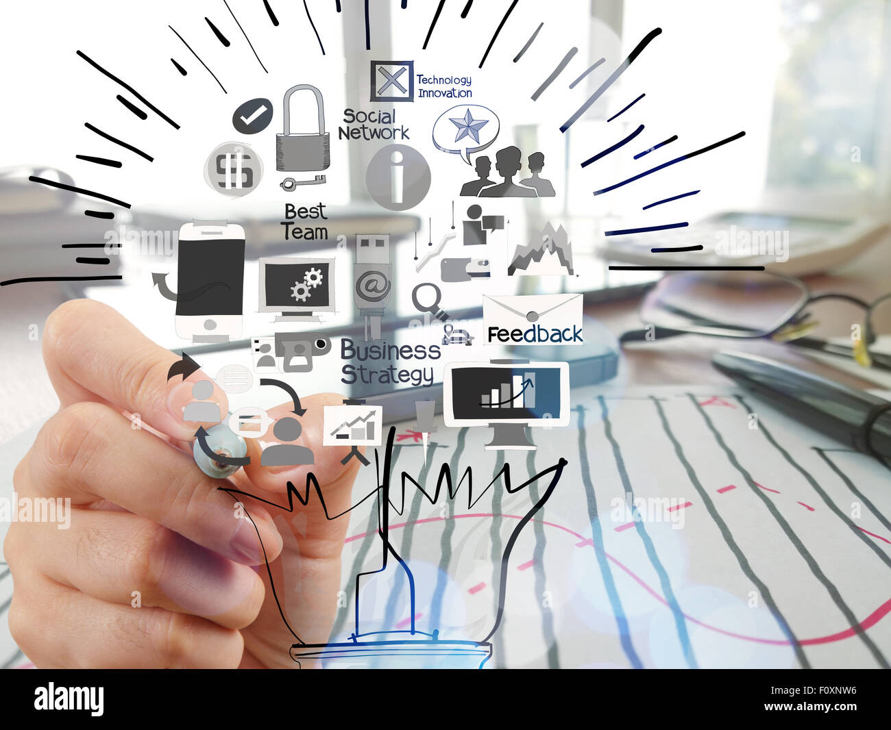 hand drawing creative business strategy with light bulb as concept ...