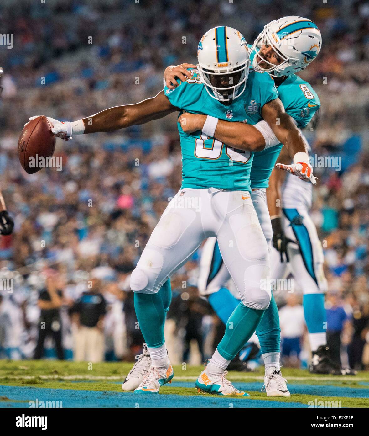Charlotte, NC, USA. 22nd Aug, 2015. #83 Miami WR Matt Hazel celebrates ...