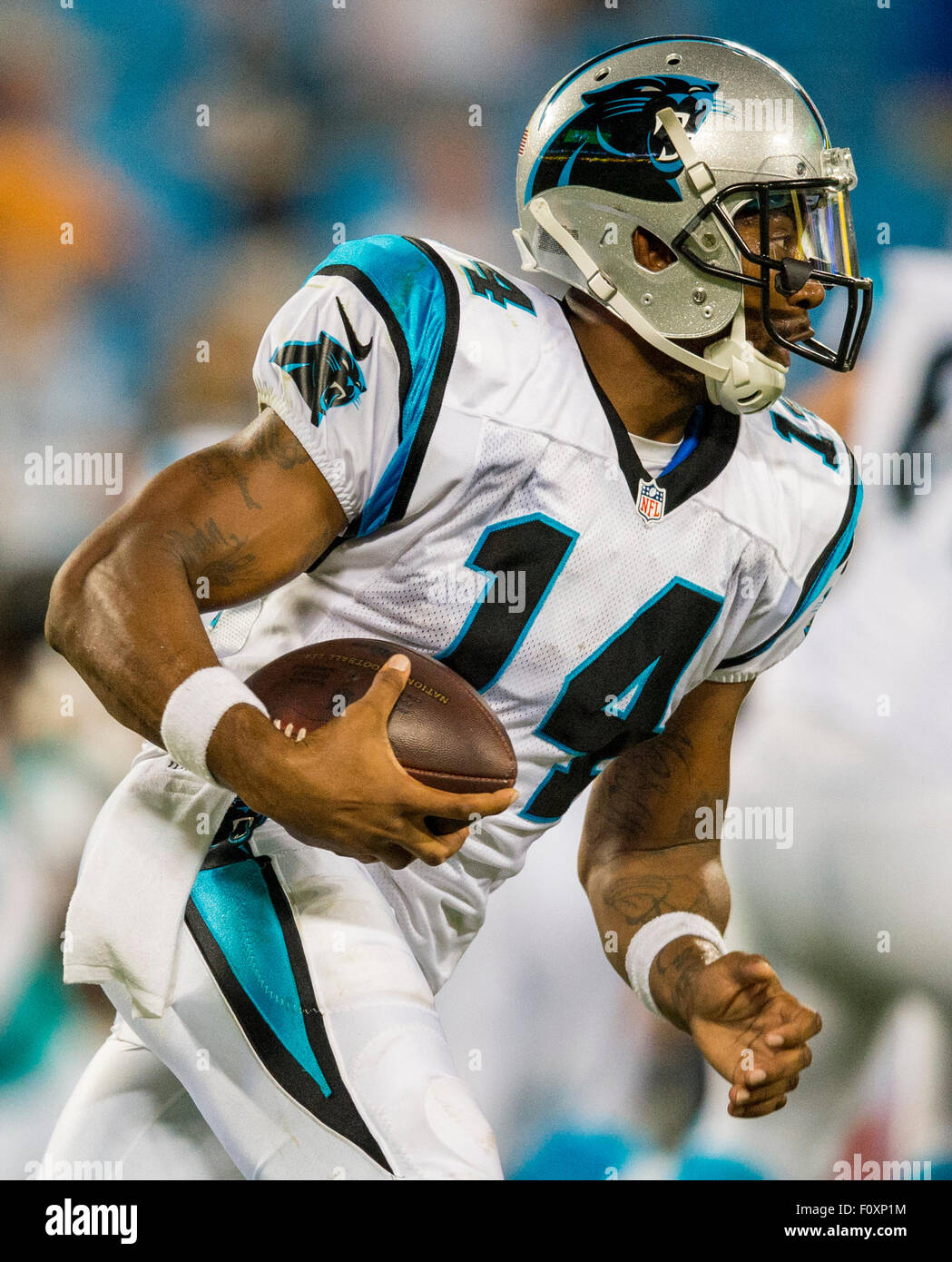 Charlotte, NC, USA. 22nd Aug, 2015. #14 Carolina QB Joe Webb during the ...